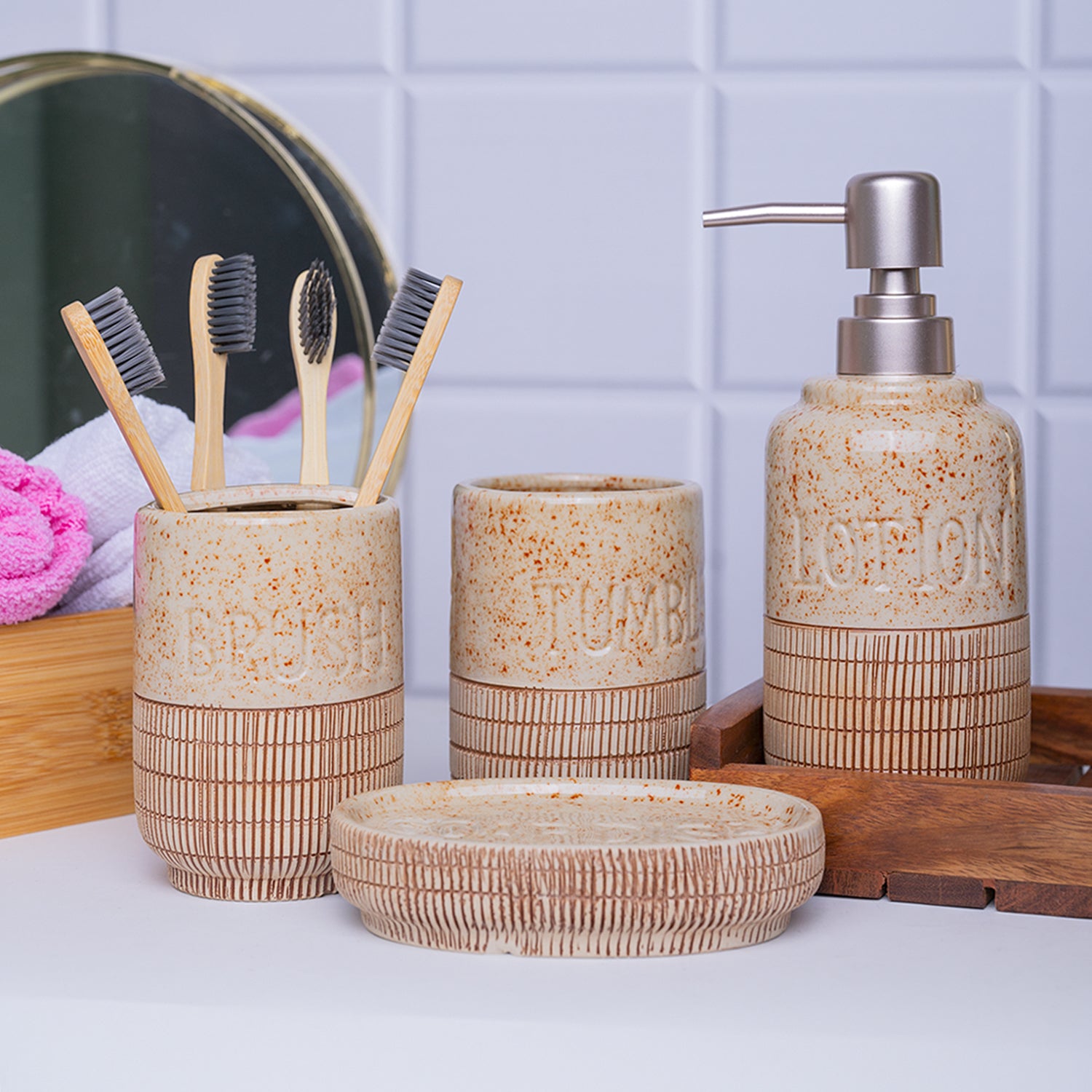 Ceramic Bathroom Set Of 4 - Stone Finish, Matte - Market99 – MARKET99
