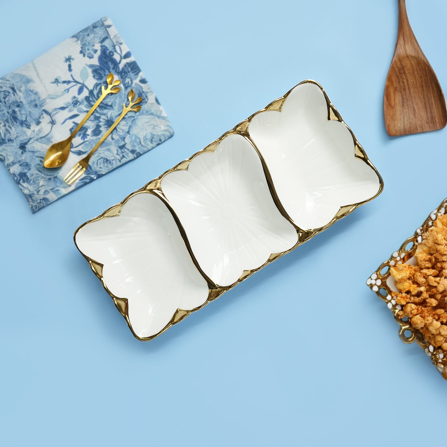 VON CASA 3-Compartment Ceramic Serving Dish, White & Gold Appetizer ...