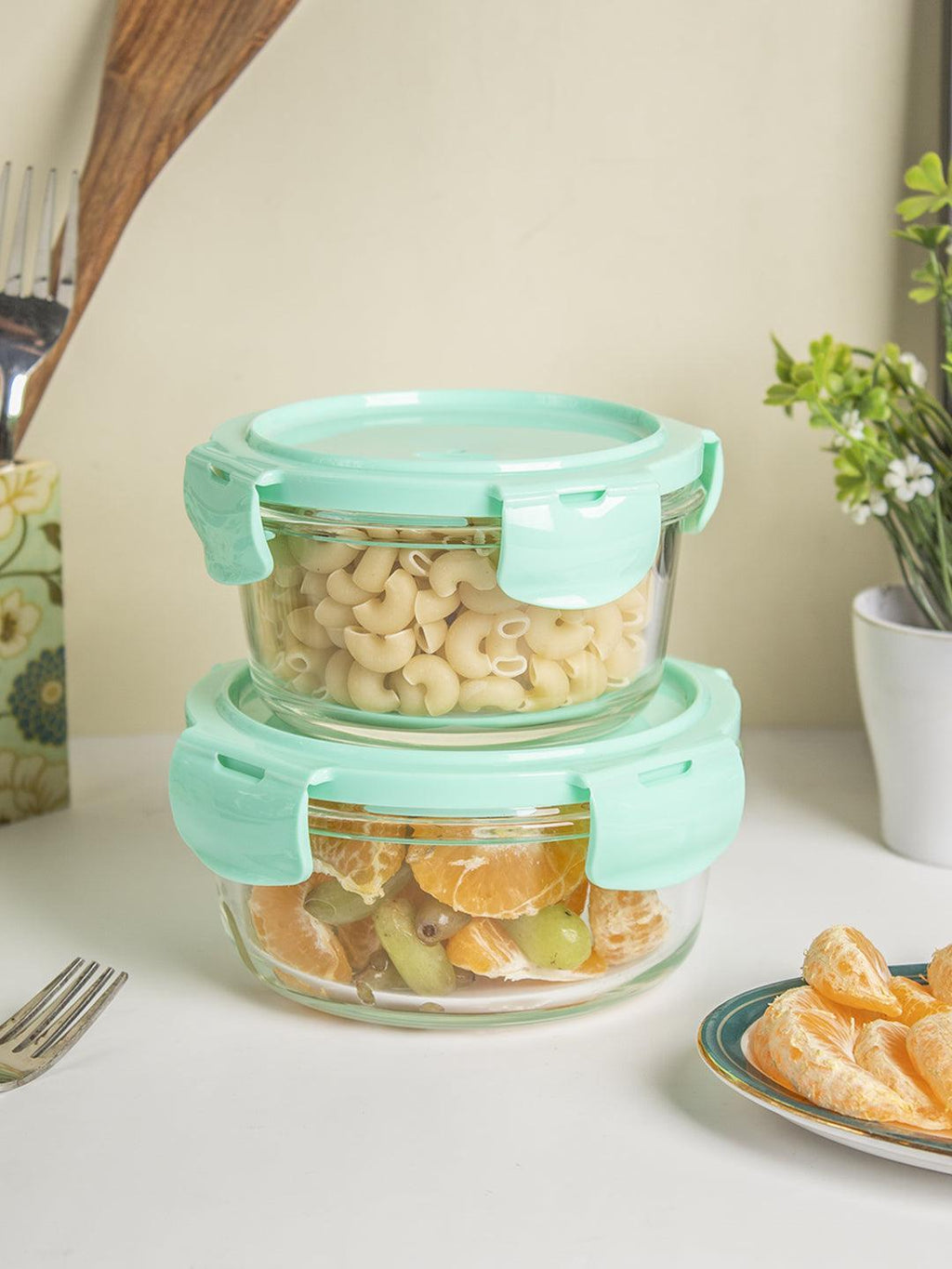 Store Your Food Safely with Borosilicate Food Containers - Pack of 2 (410ml & 570ml) with Green ...