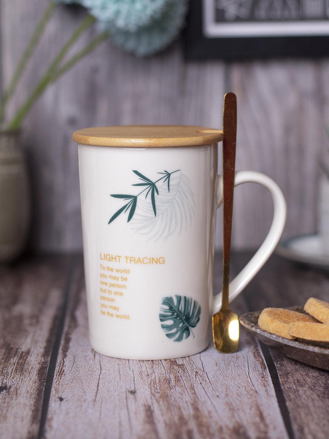 LIGHT TRACING' Coffee Mug With Wooden Lid and Spoon - White, 450mL ...