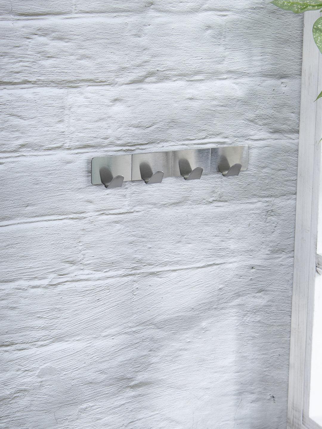 Metal Sticky Hook Bar with 4 Knobs Self Adhesive Back, Silver ...