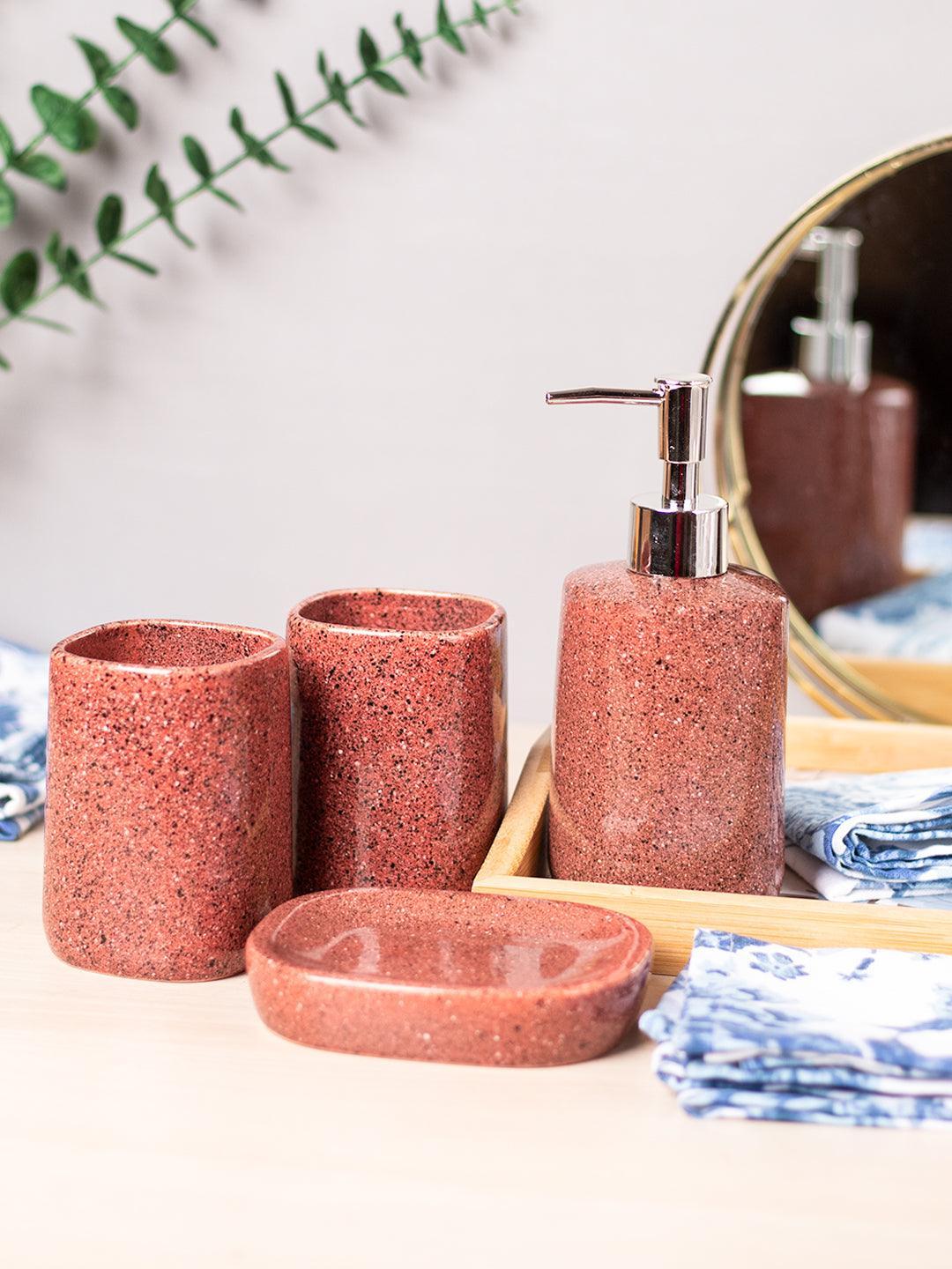 Red Ceramic Bathroom Set Of 4 Leafy Pattern Bath Accessories Market99 MARKET99